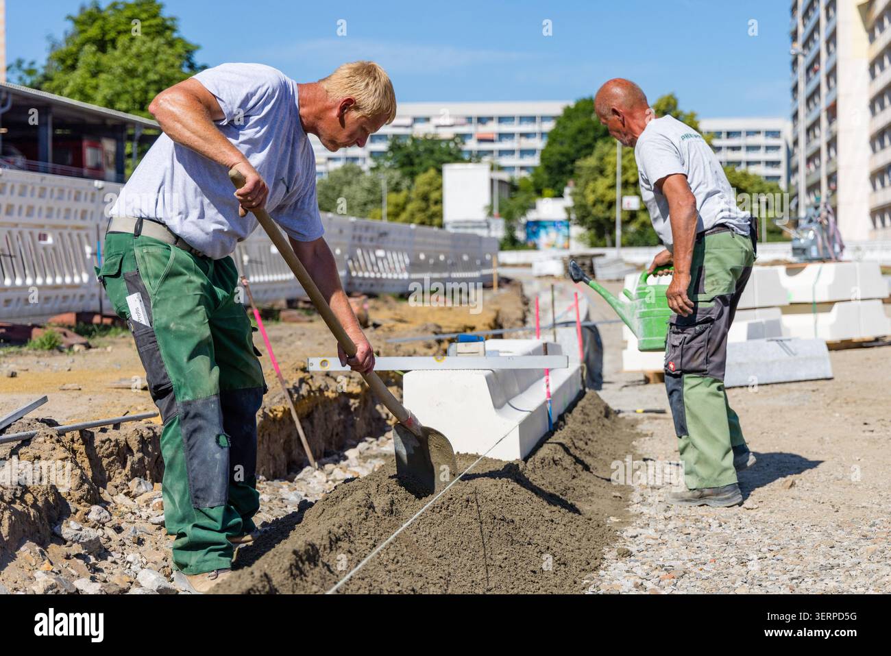 19 June 2026, Brandenburg, Cottbus: Workers from a paving company are ...