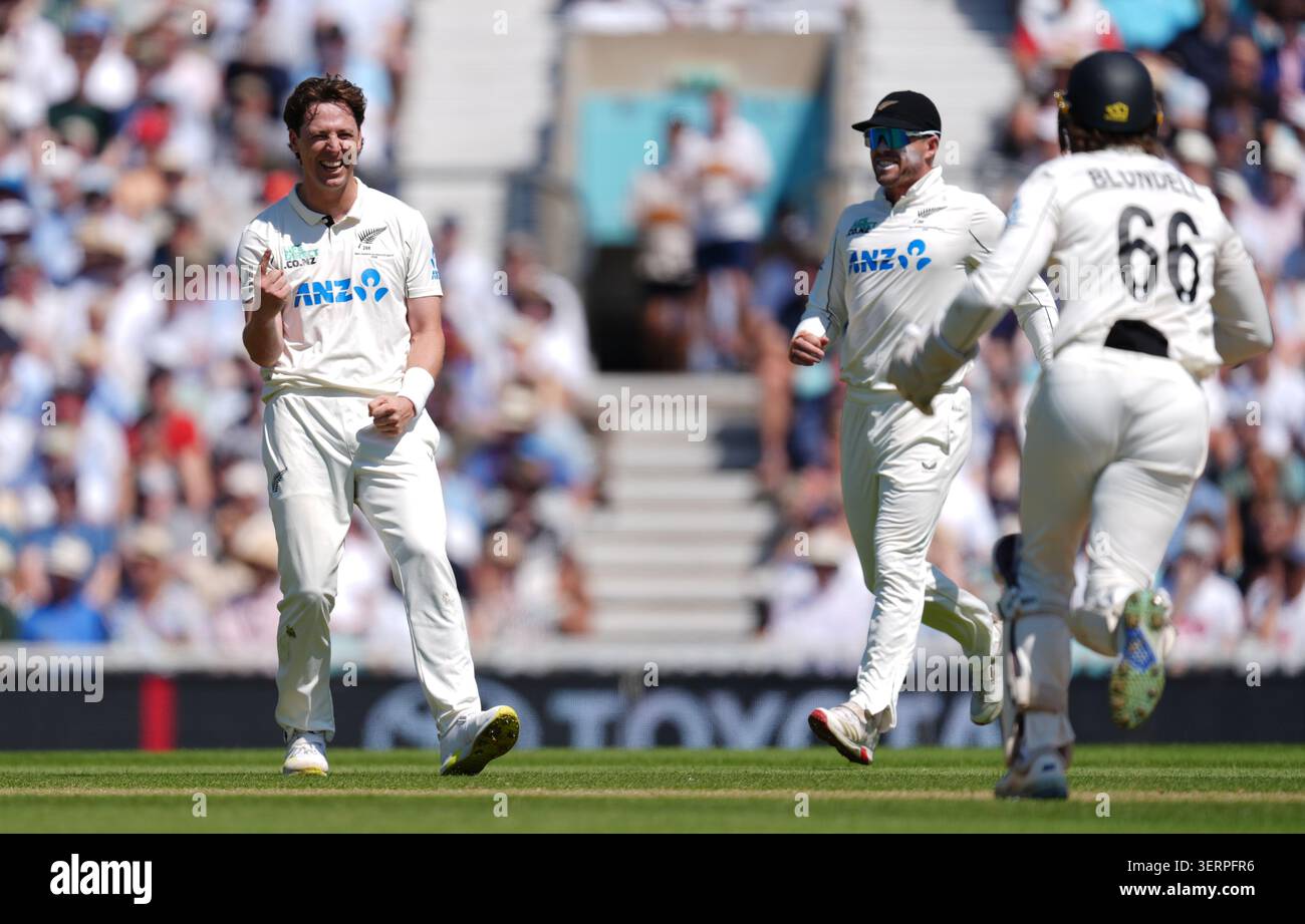 New Zealand's Matt Henry celebrates taking the wicket of England's Josh ...
