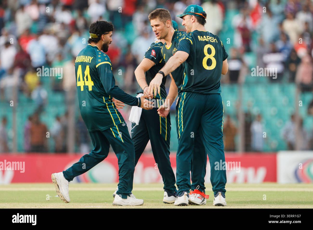 Australia's captain Mitchell Marsh, right, celebrate with teammates ...