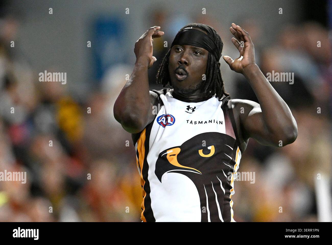 Mabior Chol of the Hawks reacts during the AFL Round 15 match between ...