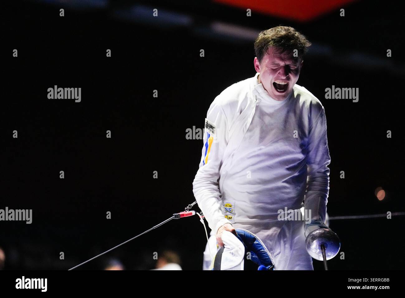 Roman SVICHKAR of Ukraine looks dejected during 2026 European Fencing ...