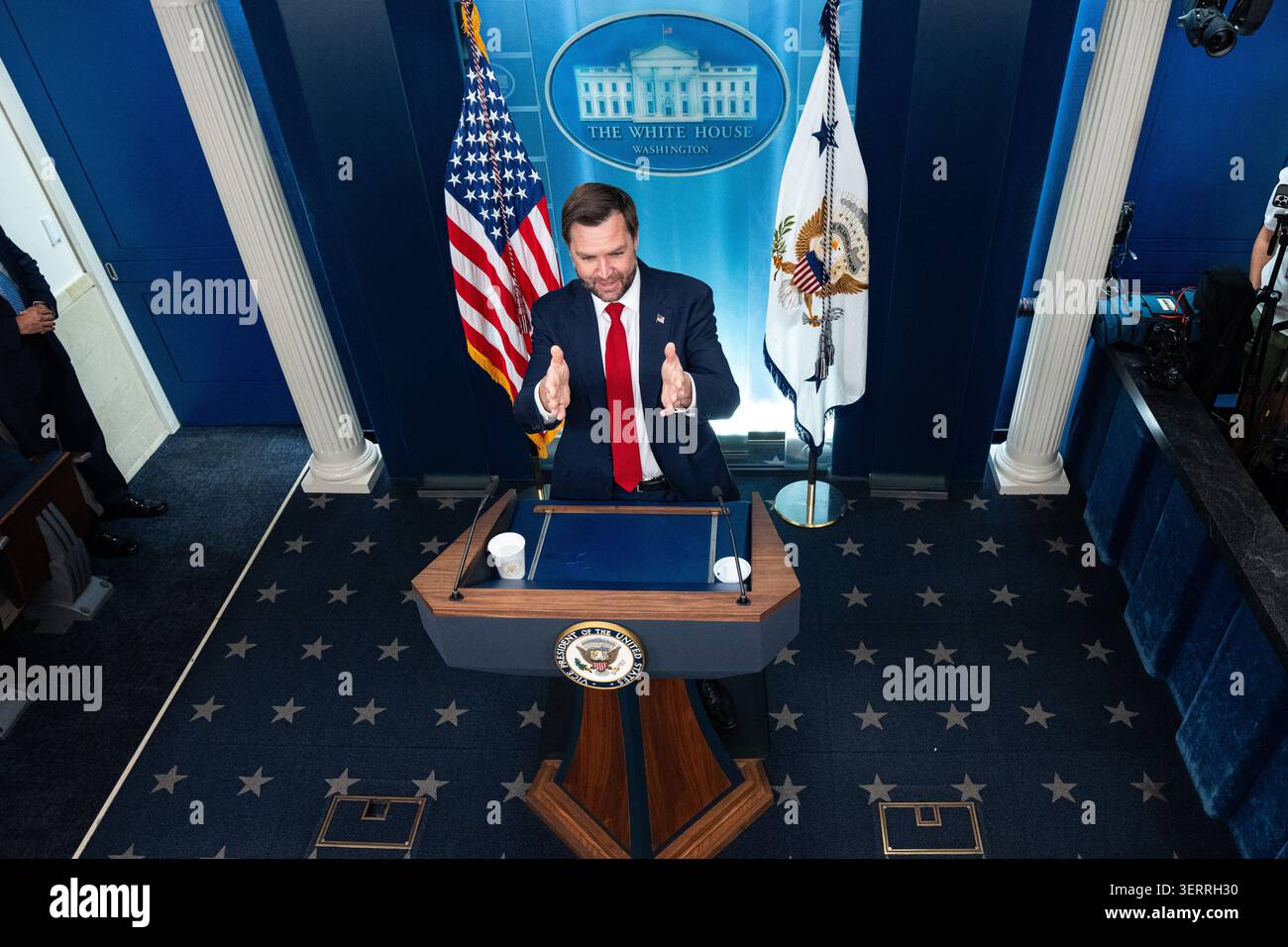 United States Vice President JD Vance conducts a briefing in the James ...