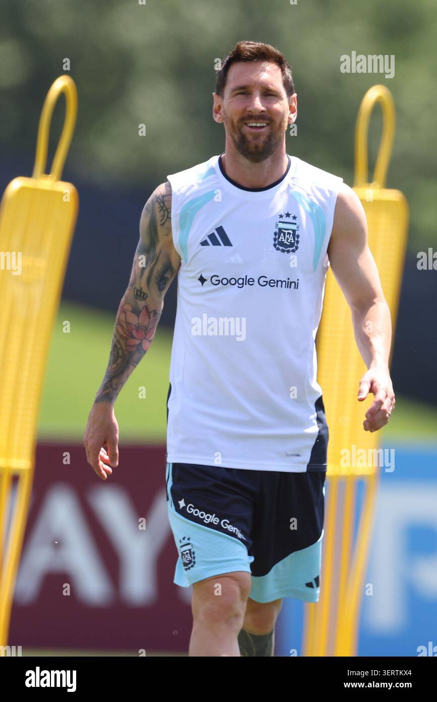 Argentina's forward Lionel Messi take part in a training session during ...