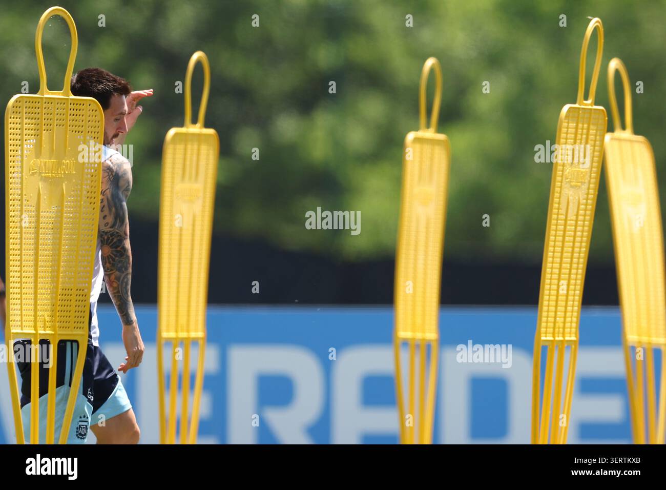Argentina's forward Lionel Messi take part in a training session during ...