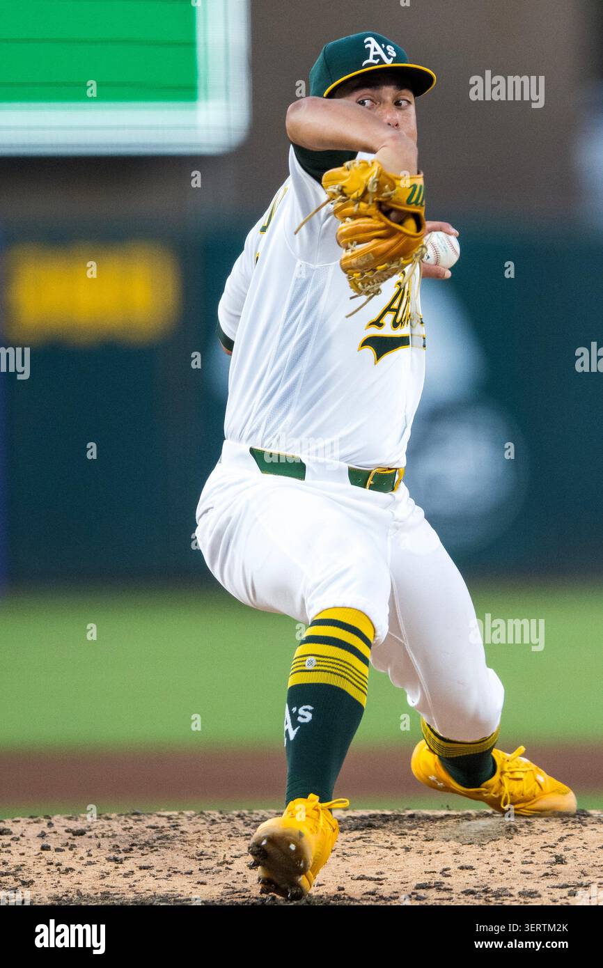 Athletics pitcher Gage Jump throws during a baseball game against the ...