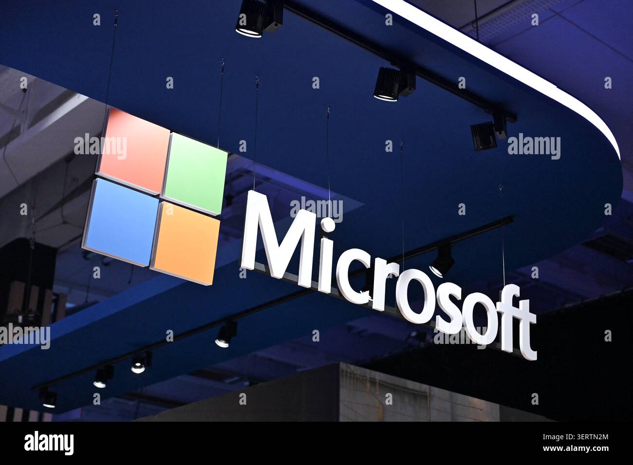 This photograph shows the logo of Microsoft at the VivaTech event as ...