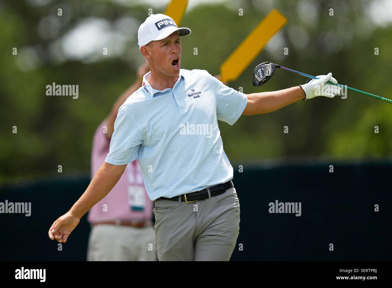 Sam Stevens watches his tee shot on the third hole during the second ...