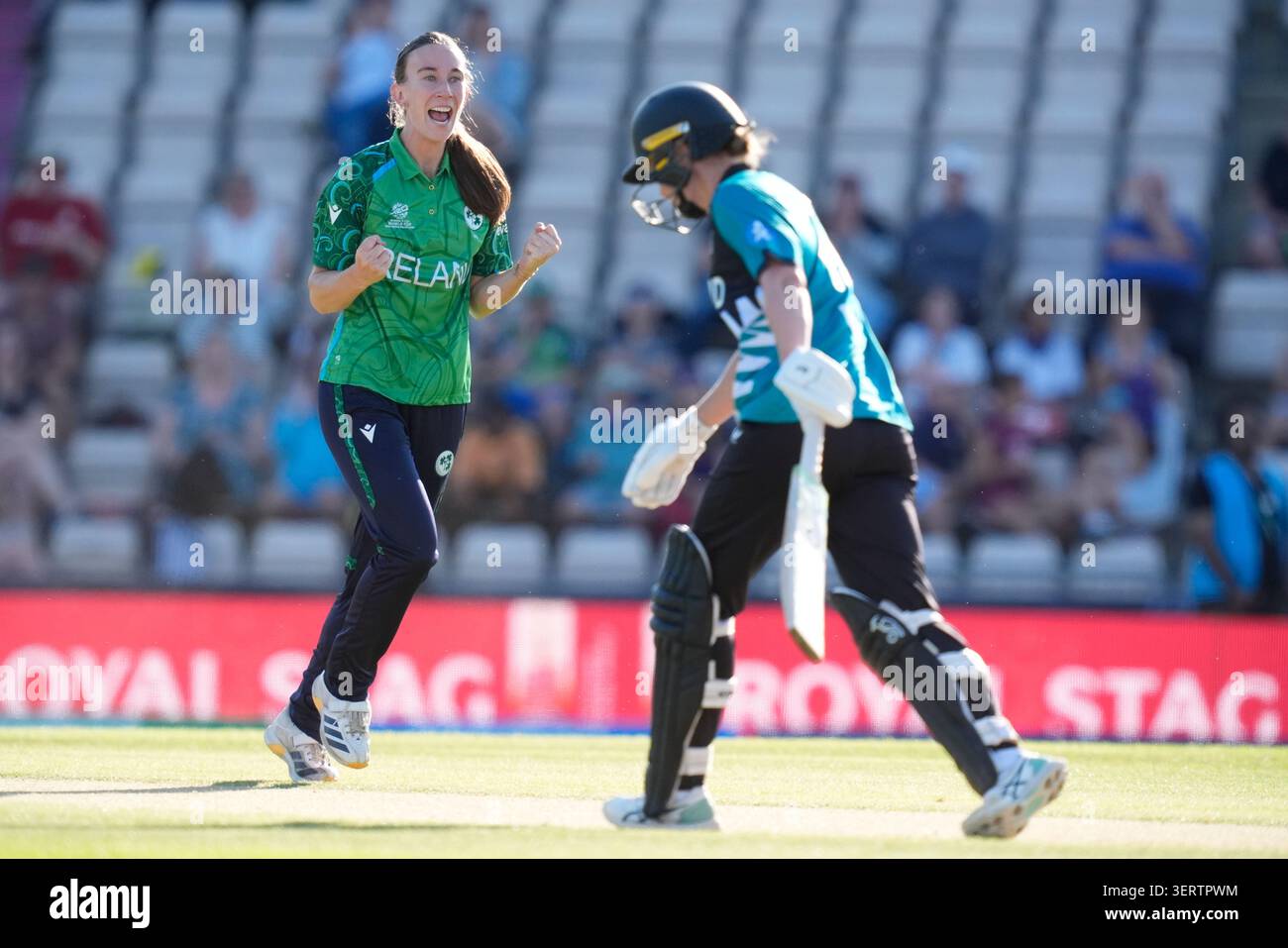 Ireland's Orla Prendergast celebrates bowling out Newzealand's Maddy ...