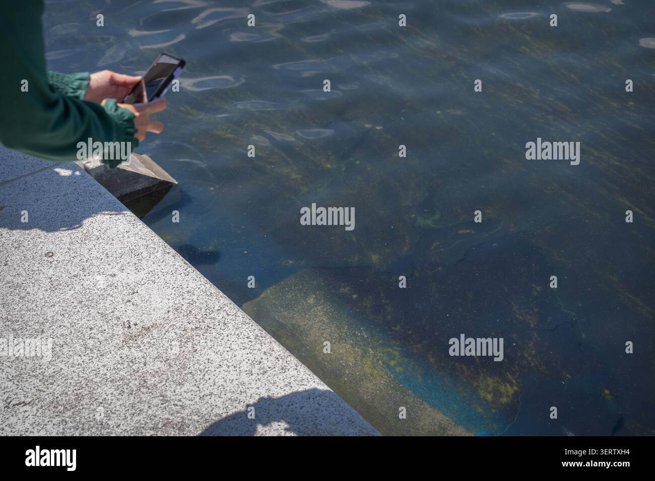 A visitor takes a photo of a missing section of blue coating at the ...
