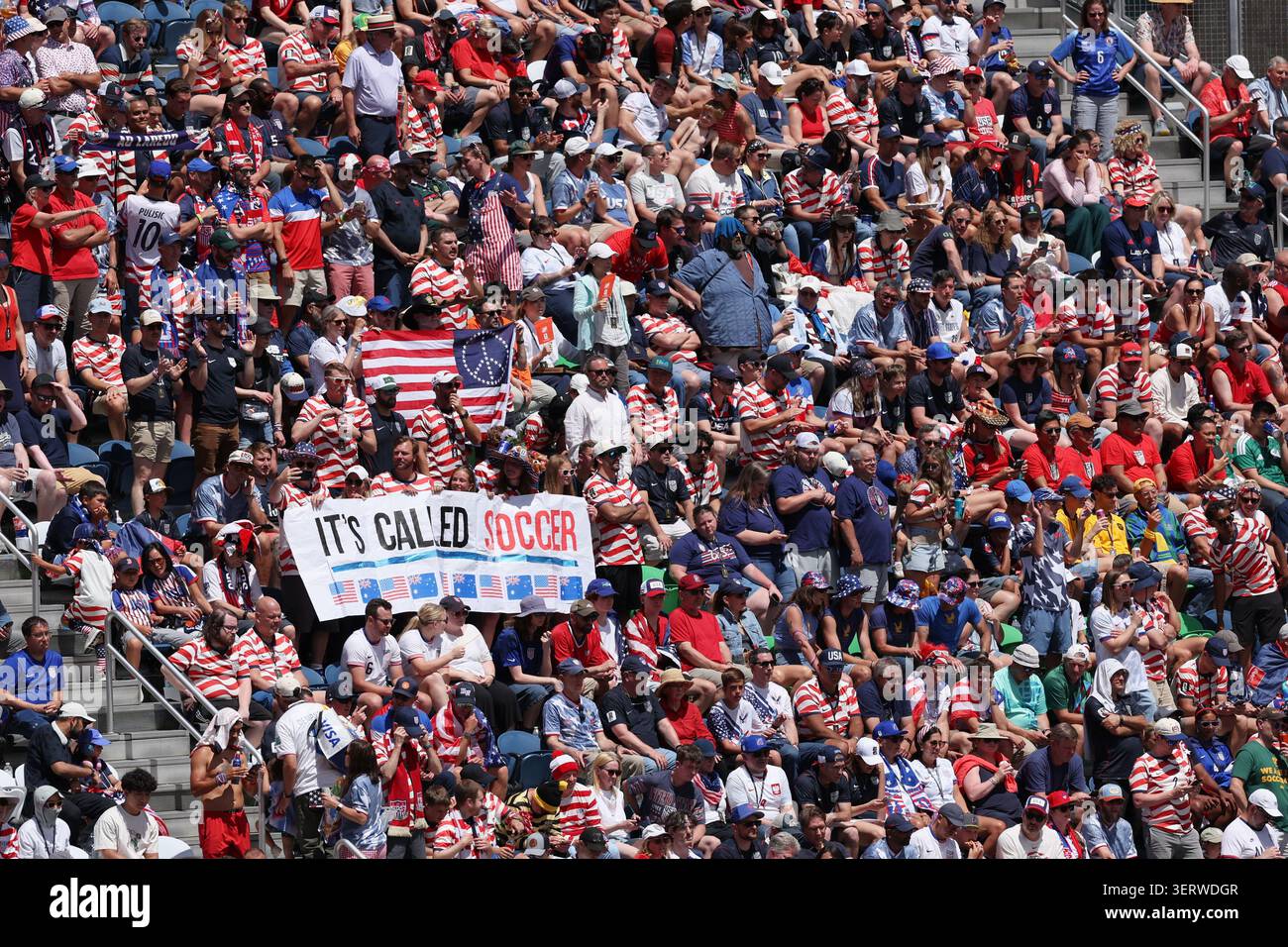 United States hold up a sign during the World Cup Group D soccer match ...