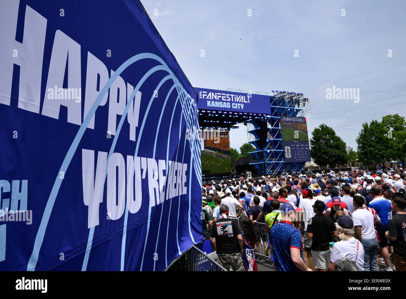 People at a fan festival in Kansas City, Mo., watch a televised World ...