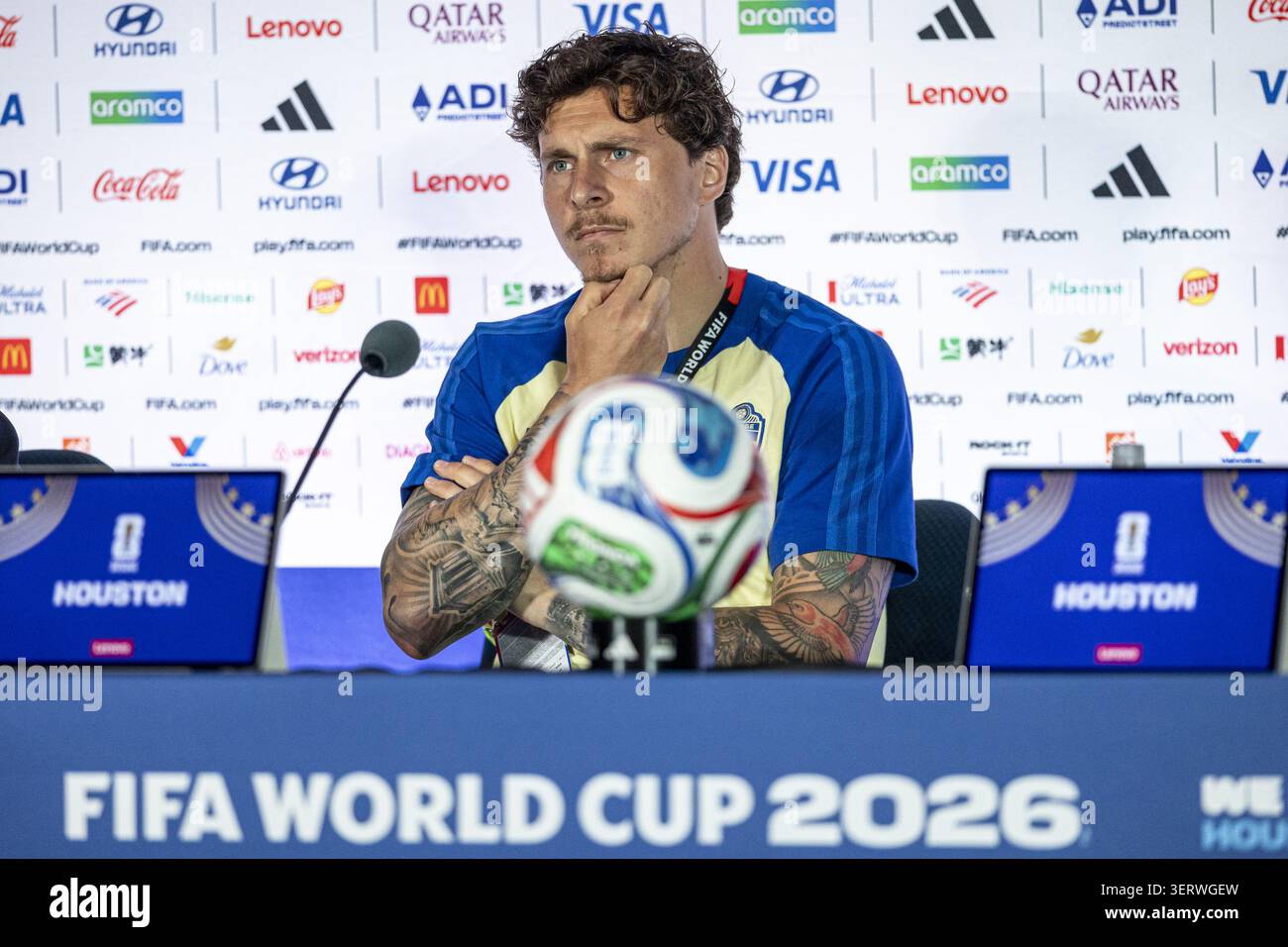 Victor Nilsson Lindelöf of Sweden talks to the media during Sweden ...