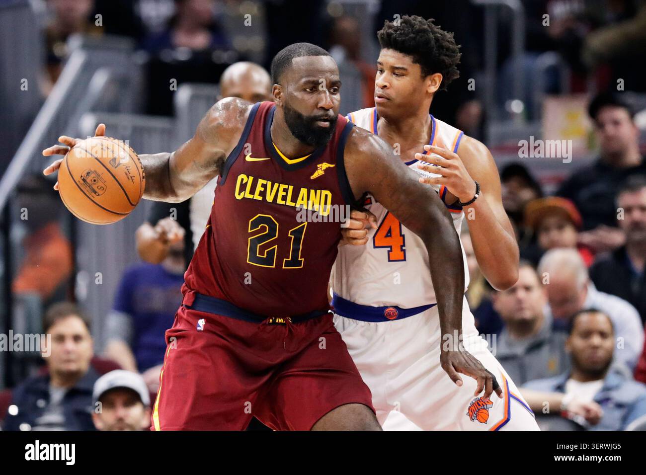 FILE - Cleveland Cavaliers' Kendrick Perkins (21) drives past New York ...