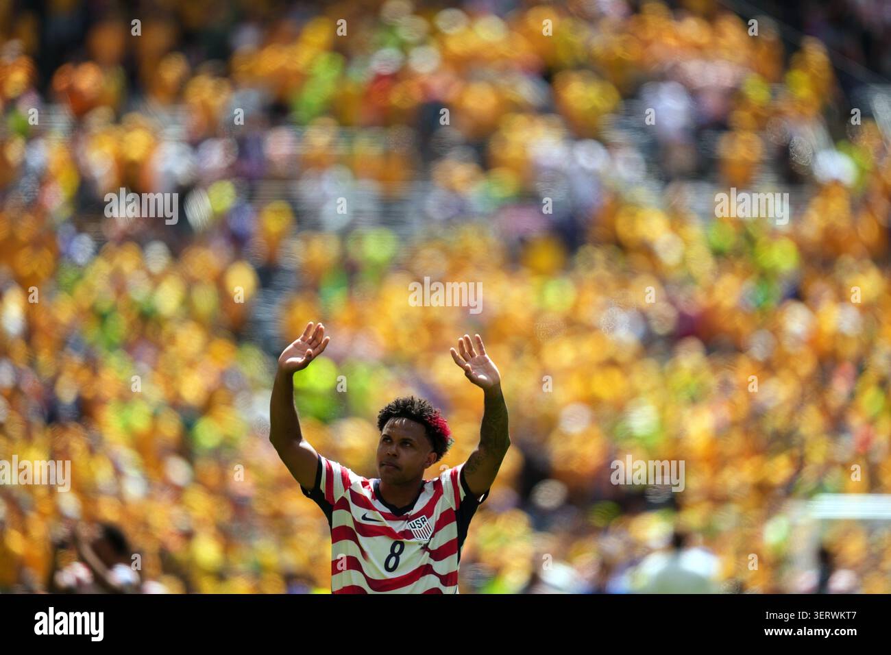 United States' Weston McKennie (8) waves to the fans after the World ...