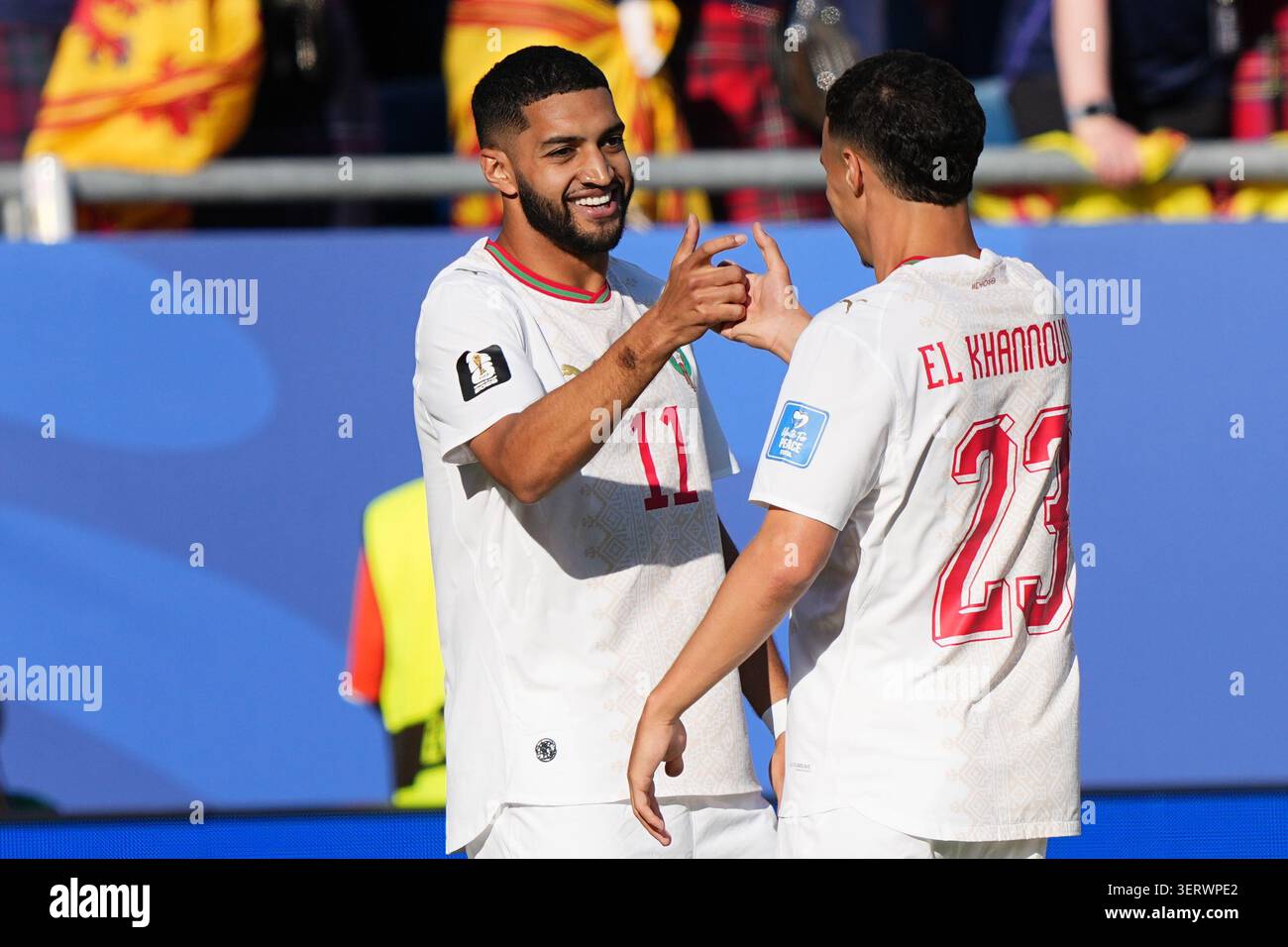 Morocco's Ismael Saibari, left, is congratulated after scoring his side ...