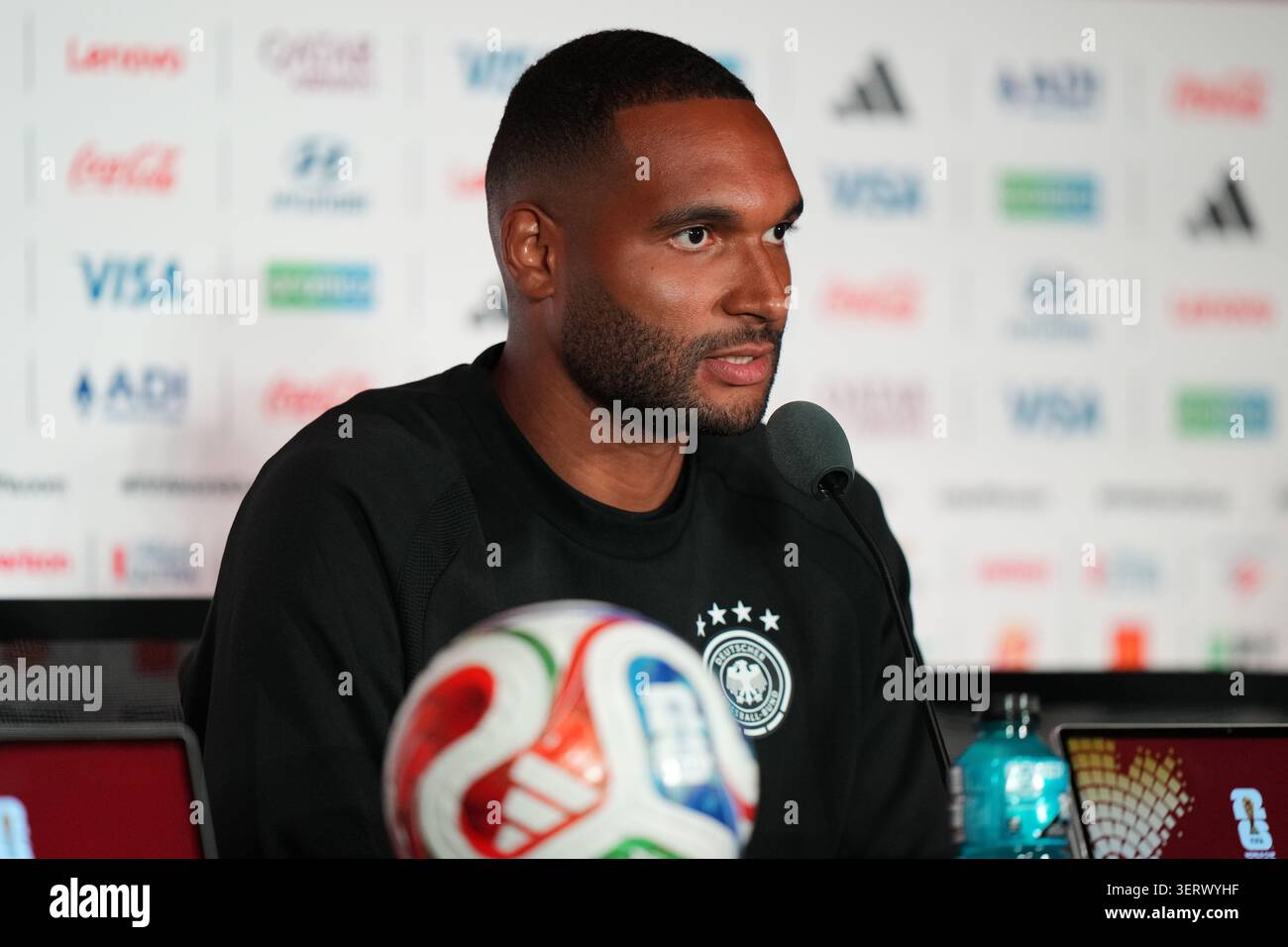 Germany's Jonathan Tah speaks during a news conference on the eve of ...