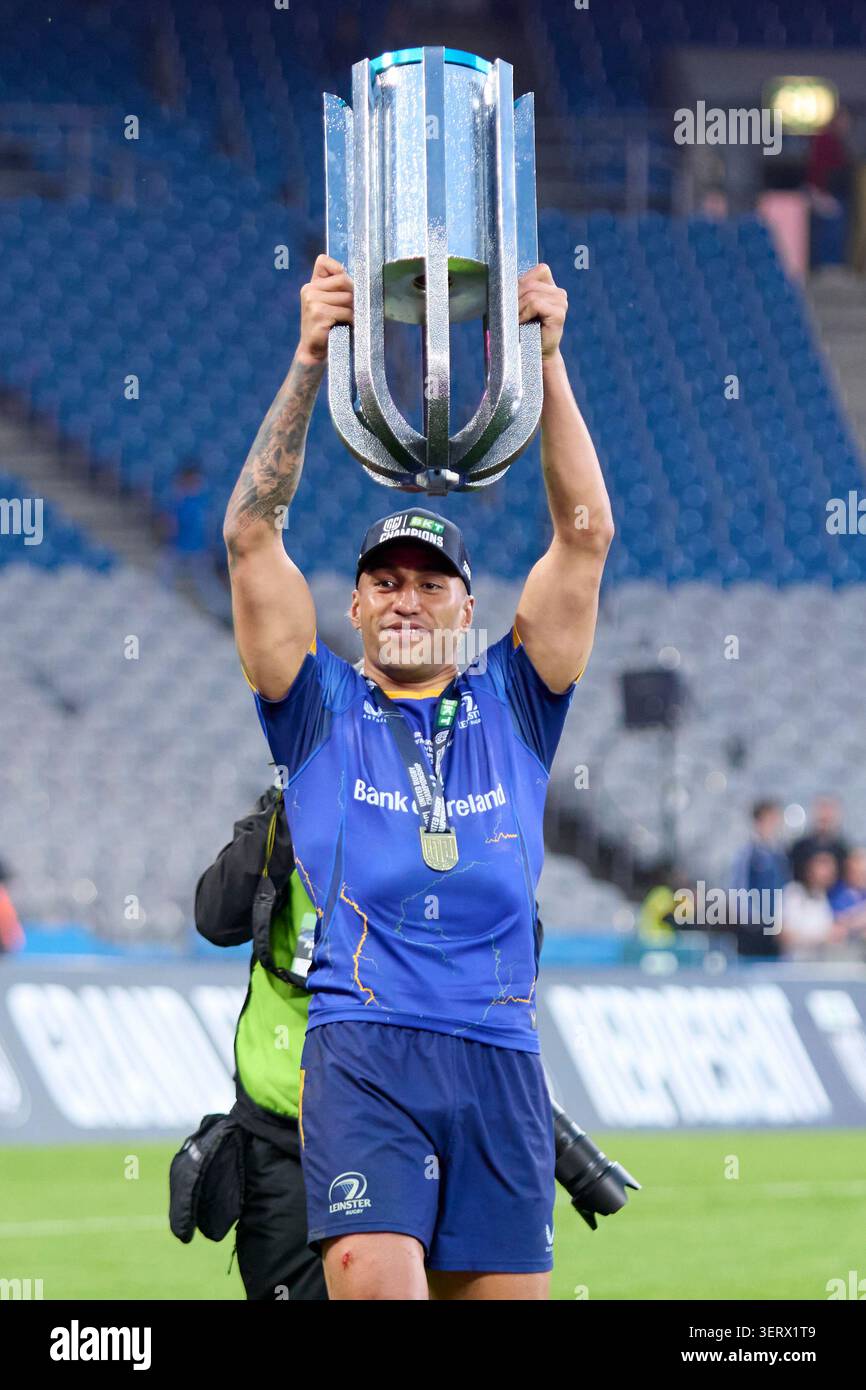 Rieko Ioane of Leinster with the URC trophy during the BKT United Rugby ...