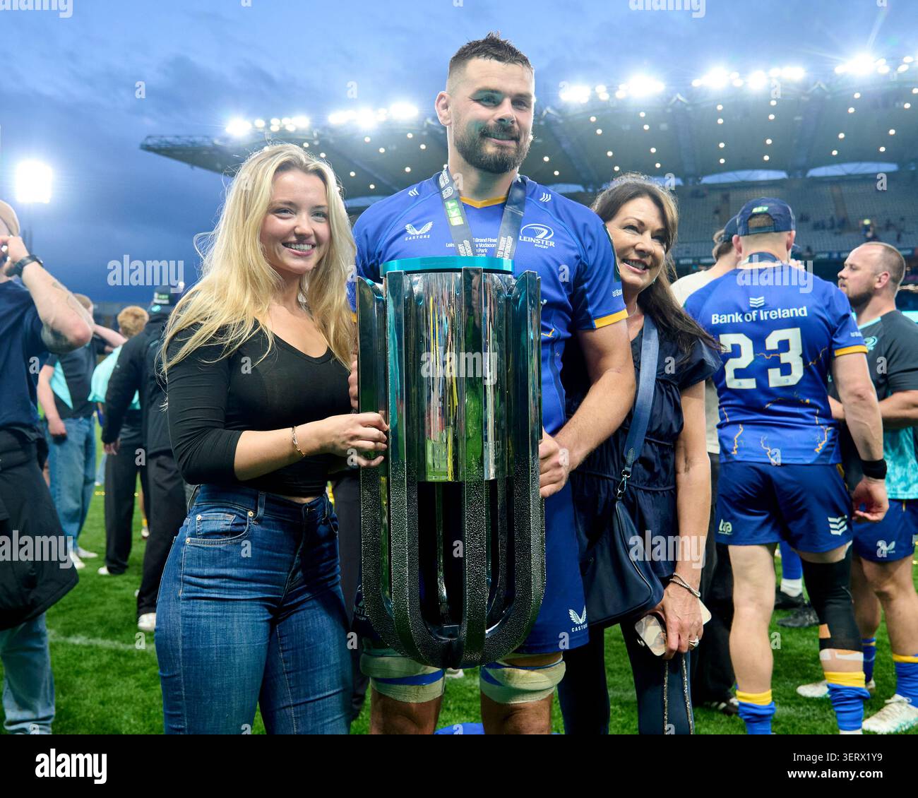 Max Deegan of Leinster celebrates with his family during the BKT United ...