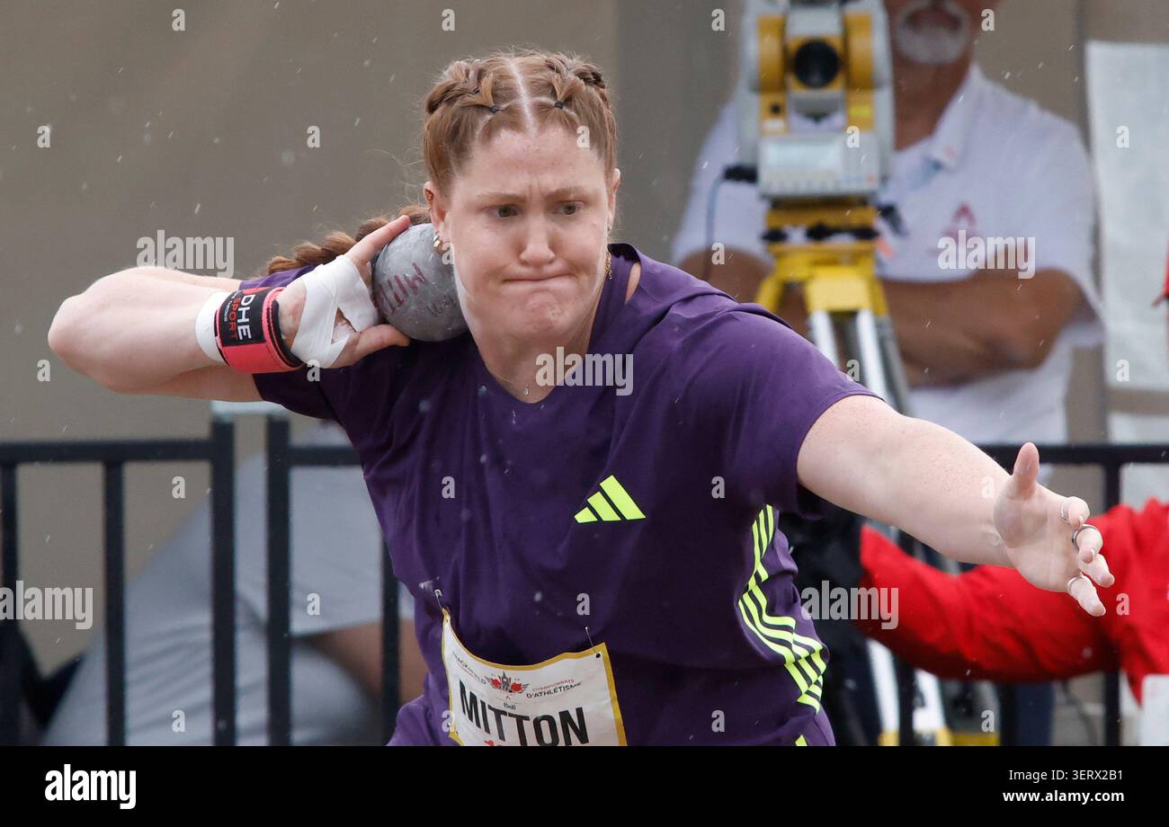 Sarah Mitton competes in the senior women's shot put final during the ...