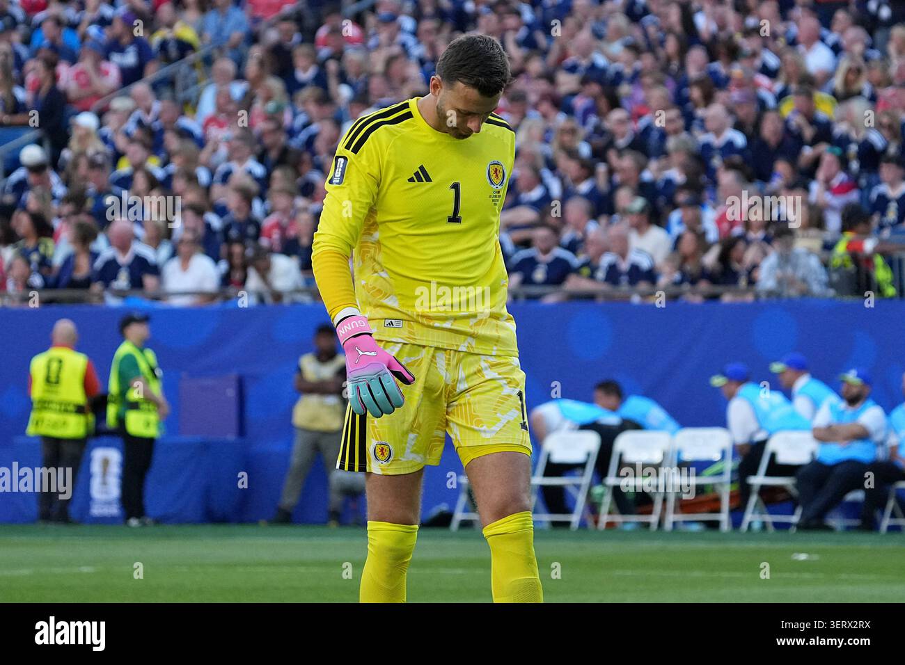 IPA85867234 - Angus Gunn of Scotland looks disappointed during the ...