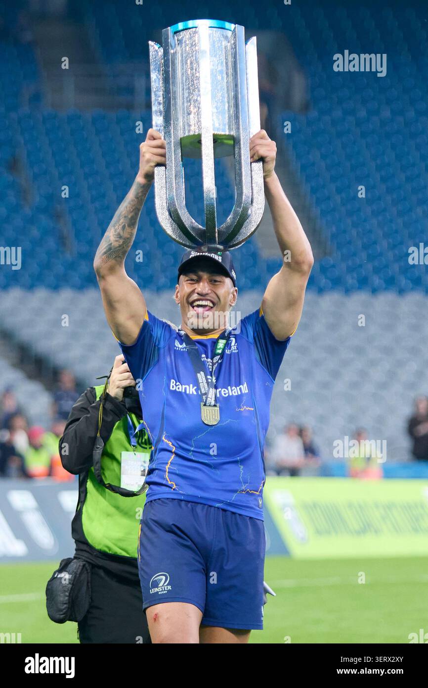 Rieko Ioane of Leinster with the URC trophy during the BKT United Rugby ...