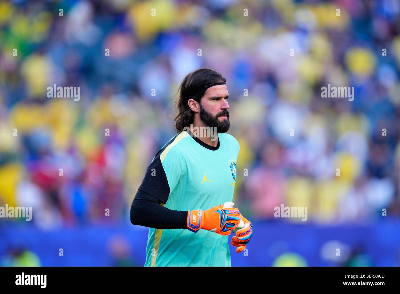 Brazil goalkeeper Alisson Becker (1) warms up before the World Cup ...
