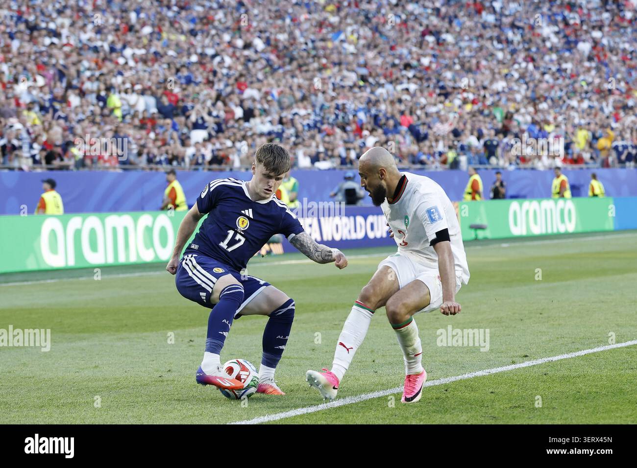 FOXBOROUGH - (LR) Ben Gannon-Doak of Scotland, Noussair Mazraoui of ...