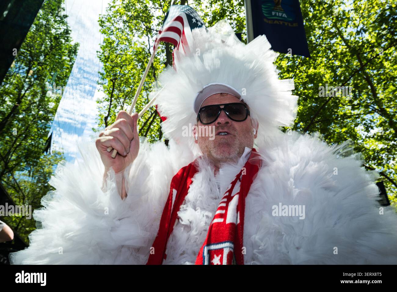 Seattle, USA. 19th Jun 2026. U.S. soccer fans cheer in Pioneer Square ...