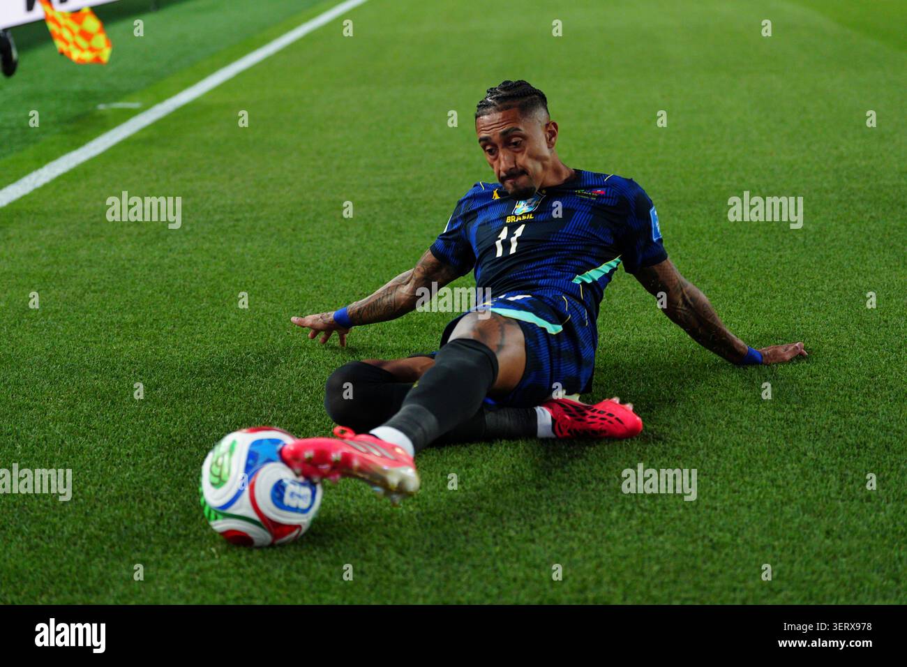 Brazil's Raphinha (11) reaches to keep the ball in play during the ...