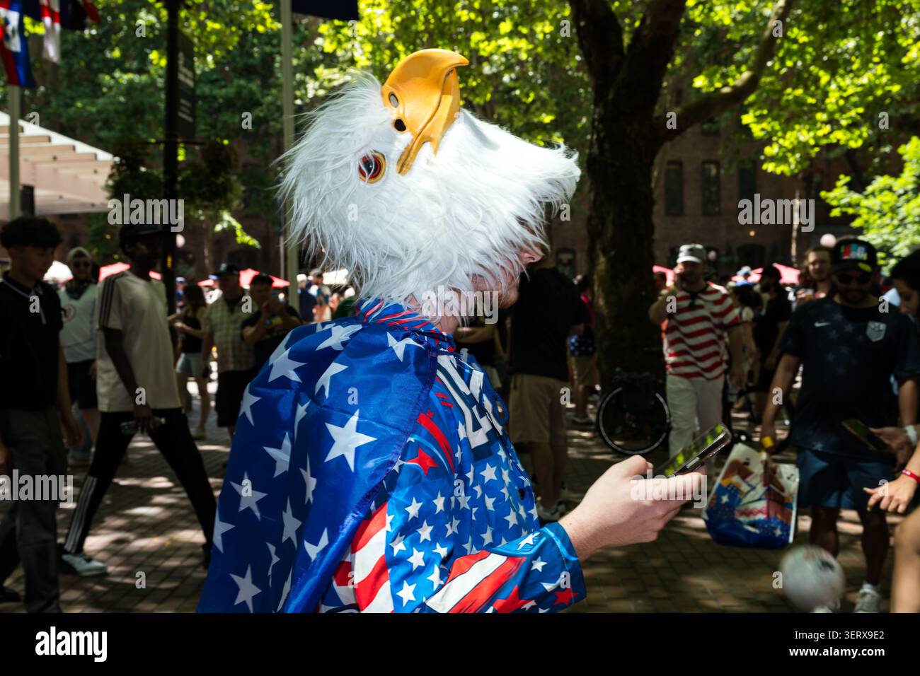 Seattle, USA. 19th Jun 2026. U.S. soccer fans cheer in Pioneer Square ...