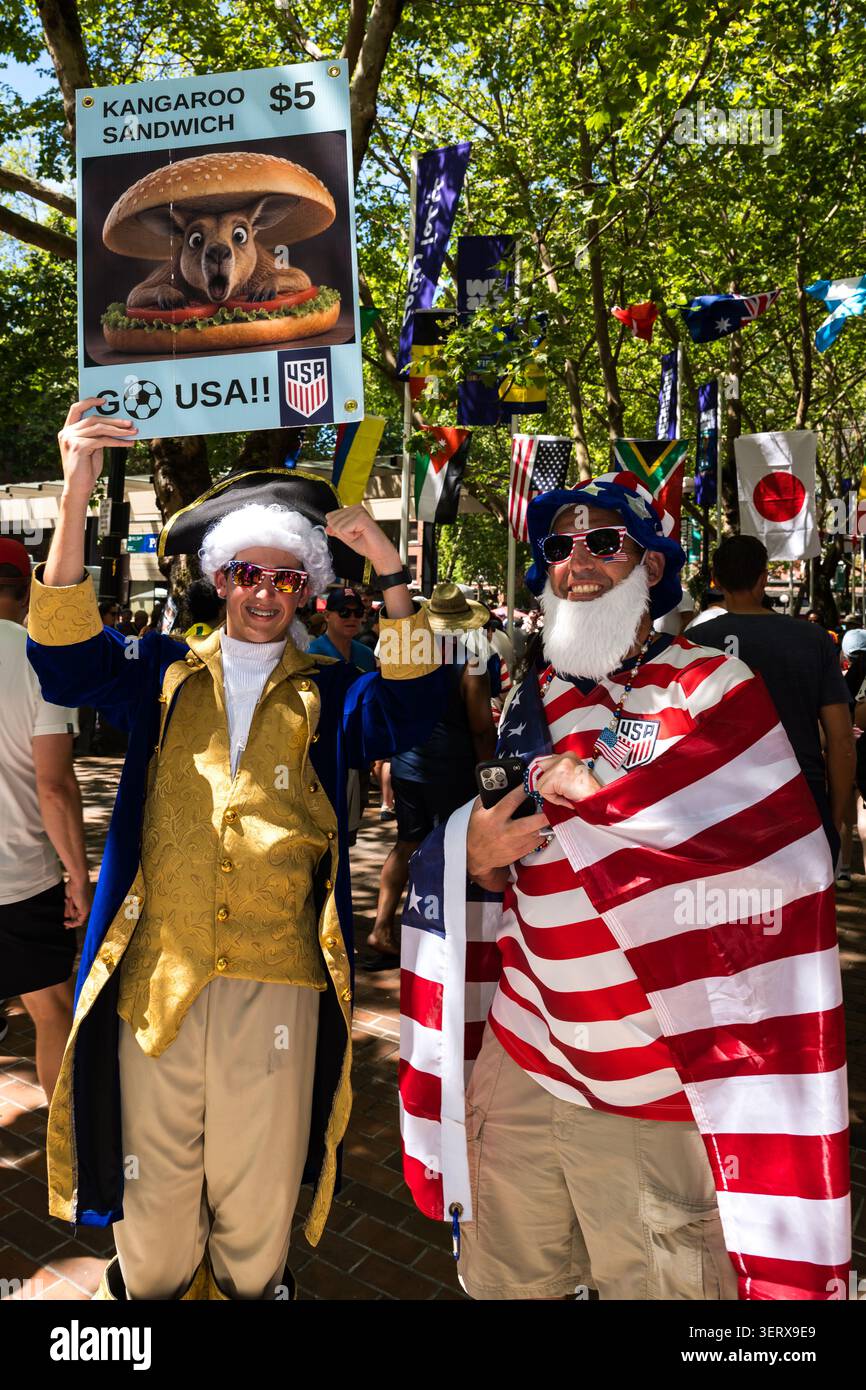 Seattle, USA. 19th Jun 2026. U.S. soccer fans cheer in Pioneer Square ...