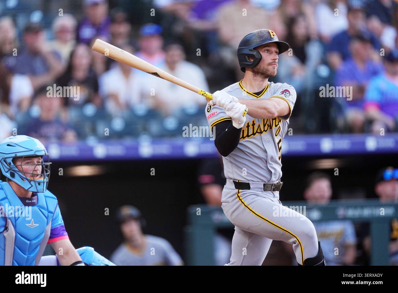 Pittsburgh Pirates' Brandon Lowe follows the flight of his double off ...