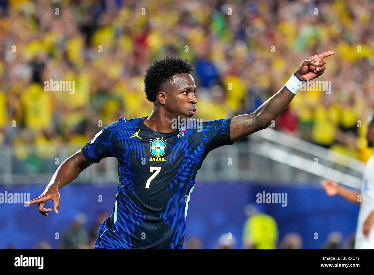 Brazil's Vinicius Junior (7) celebrates after scoring his side's third ...