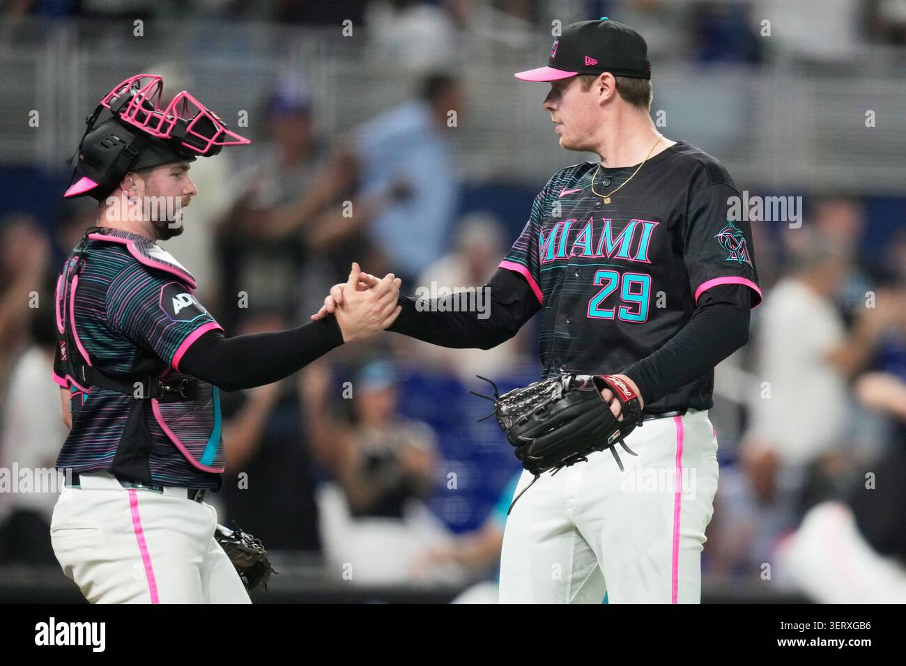 Miami Marlins relief pitcher Pete Fairbanks (29) shakes hands with ...