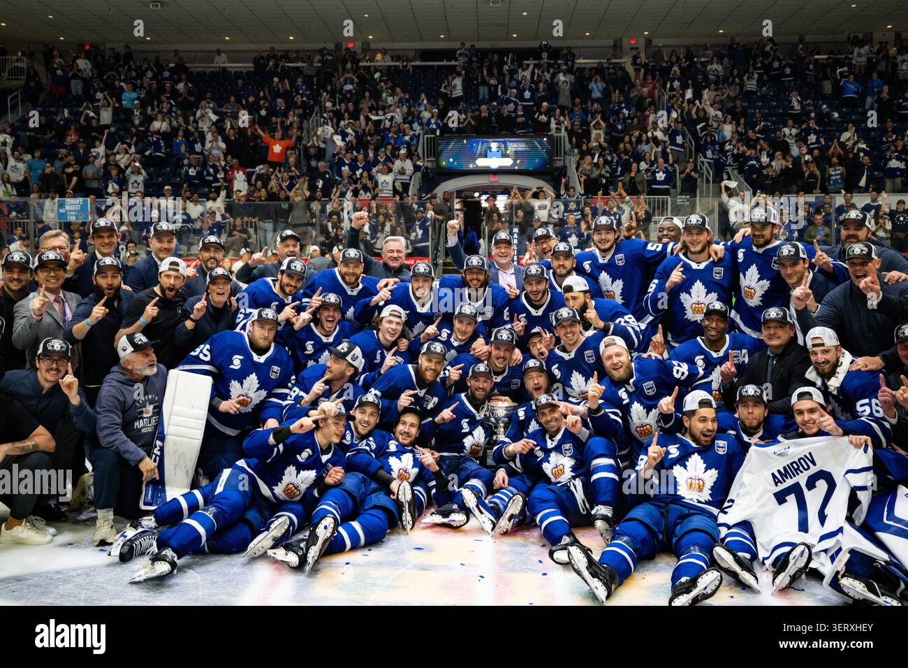 The Toronto Marlies pose for a team photo with the Calder Cup after ...