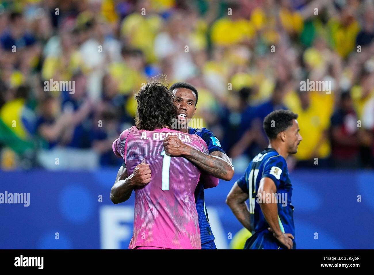 Brazil goalkeeper Alisson Becker (1) and Brazil's Gabriel Magalhaes (3 ...