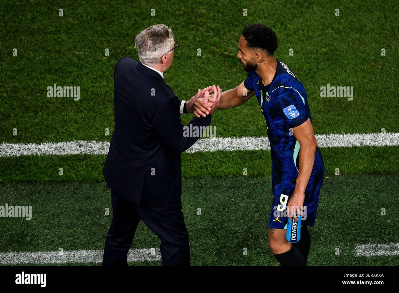 Matheus Cunha of Brazil shakes hands with Carlo Ancelotti, head coach ...