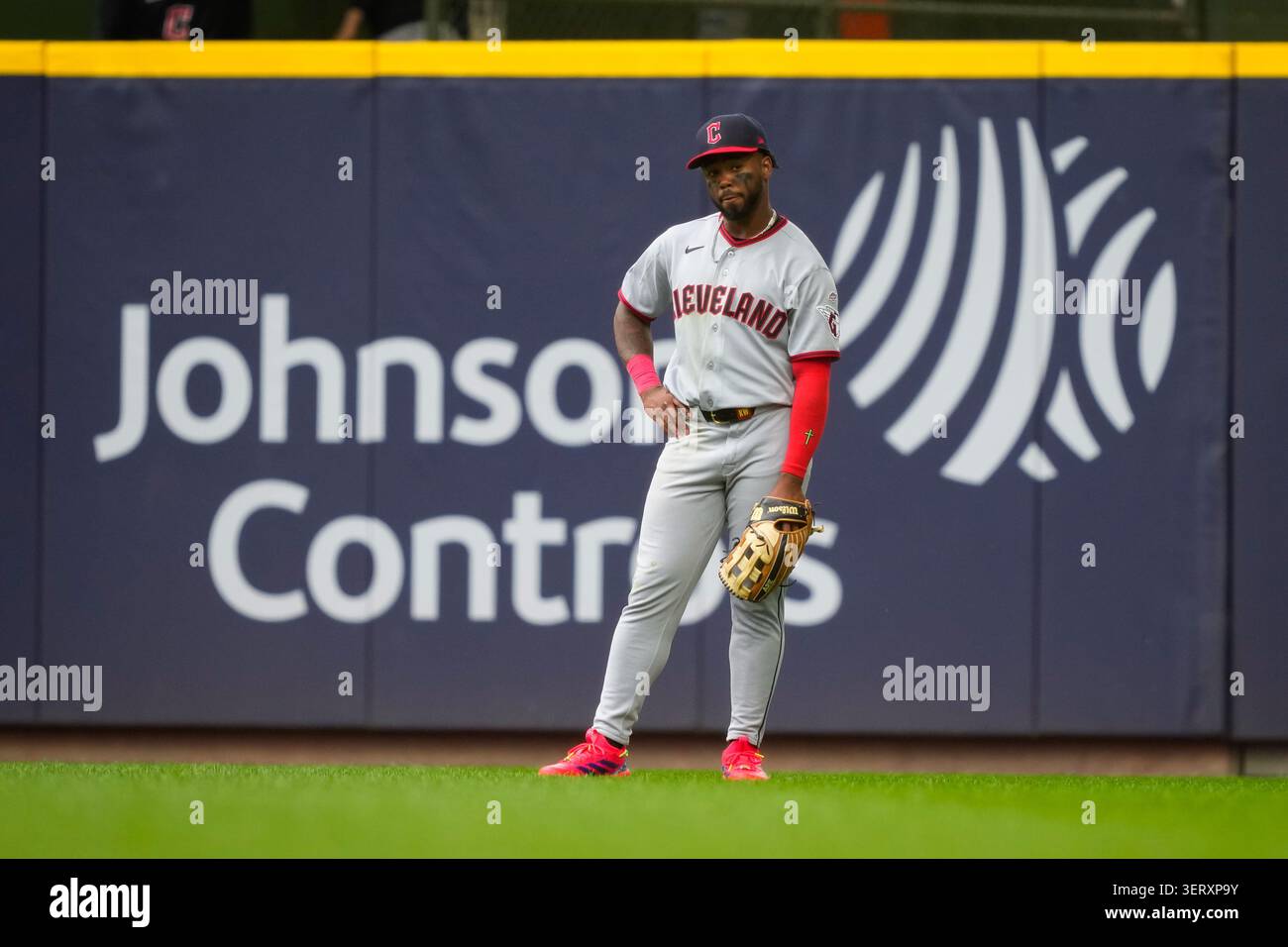 Cleveland Guardians outfielder Kahlil Watson looks on in the ninth ...