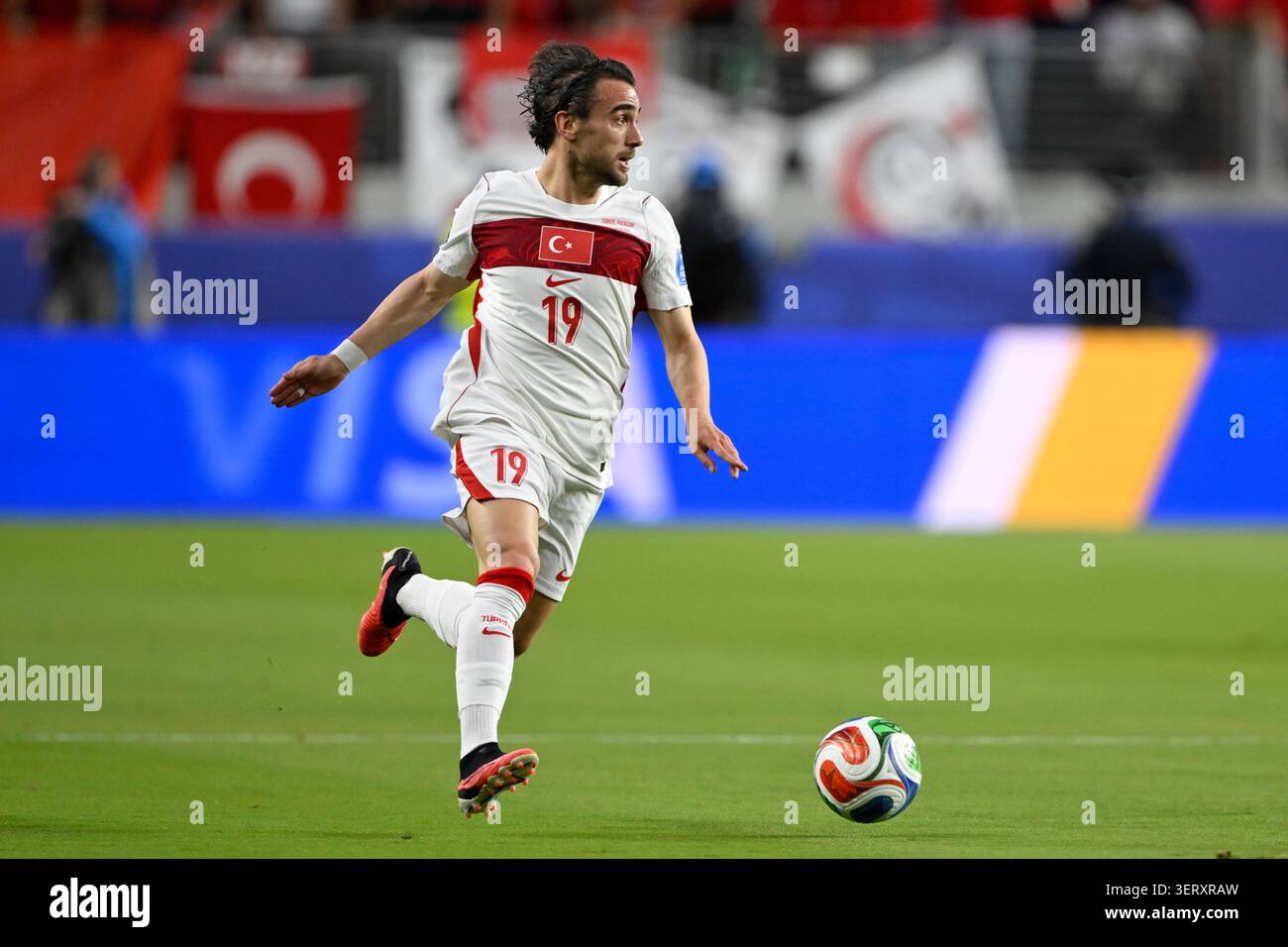 Turkey's Yunus Akgun (19) controls the ball during the World Cup Group ...