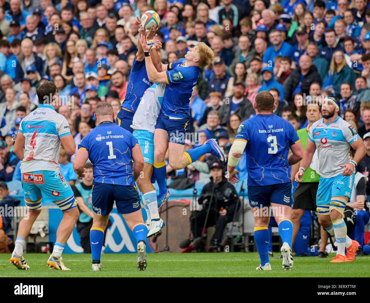 Tommy O'Brien of Leinster jumps for the ball during the BKT United ...
