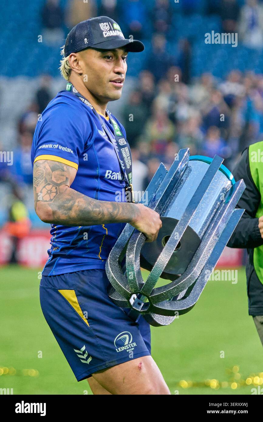 Rieko Ioane of Leinster with the URC thropy during the BKT United Rugby ...