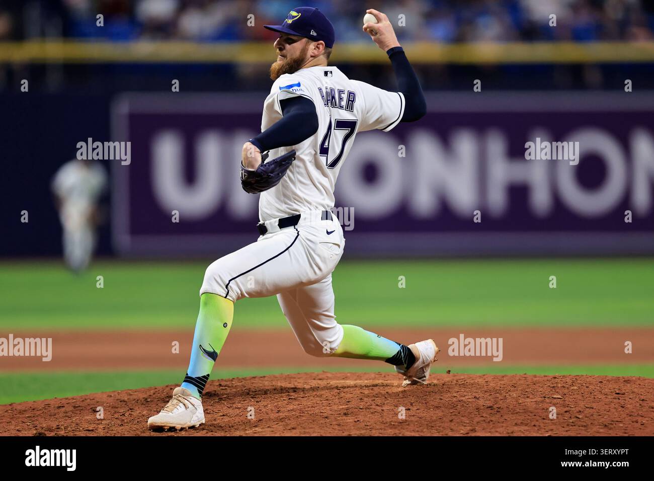 St. Petersburg, FL: Tampa Bay Rays pitcher Bryan Baker (47) delivers a ...