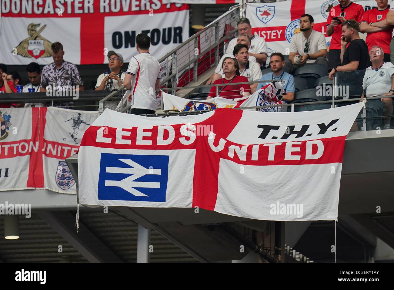 Leeds United flag, fans, during the England v Croatia FIFA WORLD CUP ...