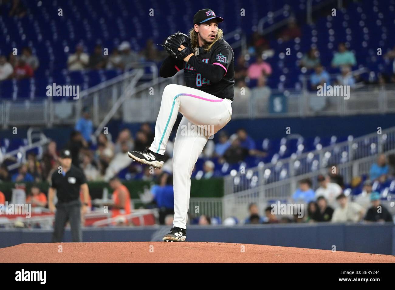 Miami Marlins starting pitcher Lake Bachar (84) gets ready to pitch in ...