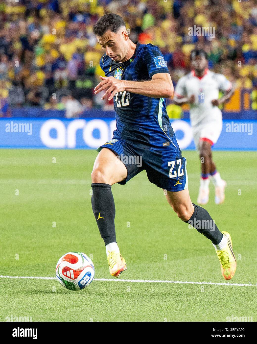 Gabriel Martinelli (#22) heads the ball during the Group E stage match ...