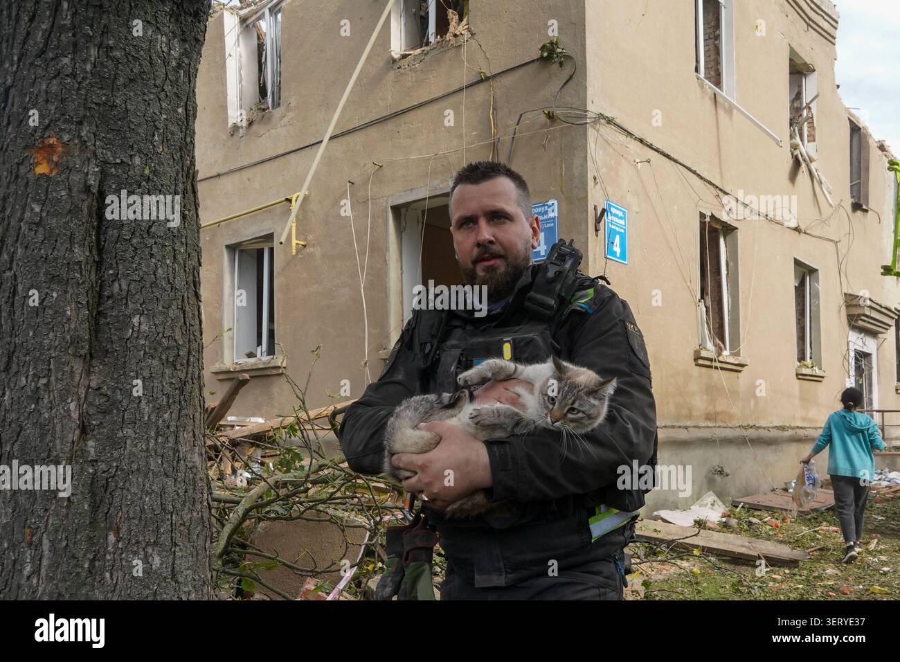 A policeman rescues a cat during search and rescue works in the damaged ...