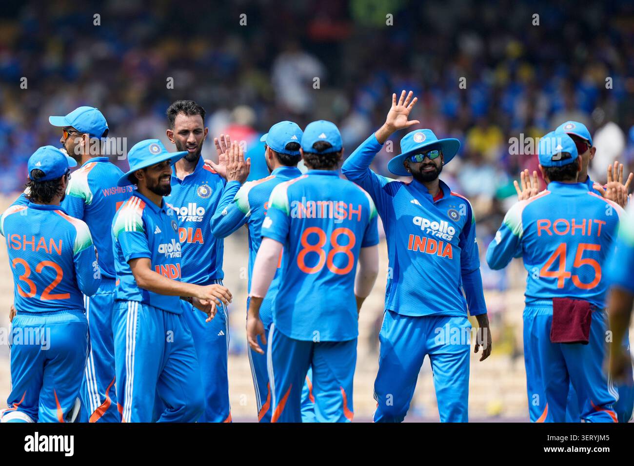 India's Prasidh Krishna, fourth left, celebrates with teammates the ...