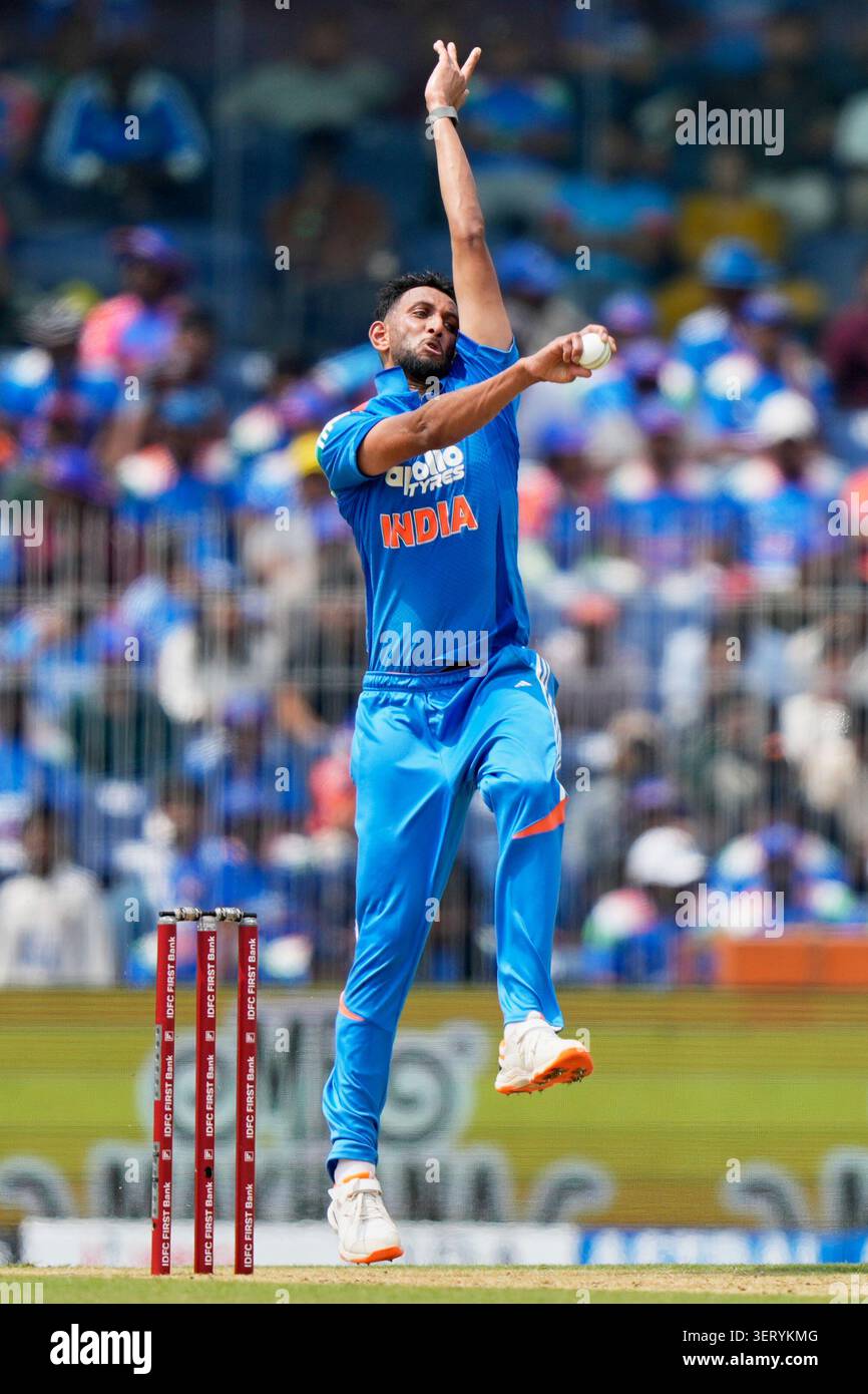 India's Prasidh Krishna bowls a delivery during the third ODI cricket ...