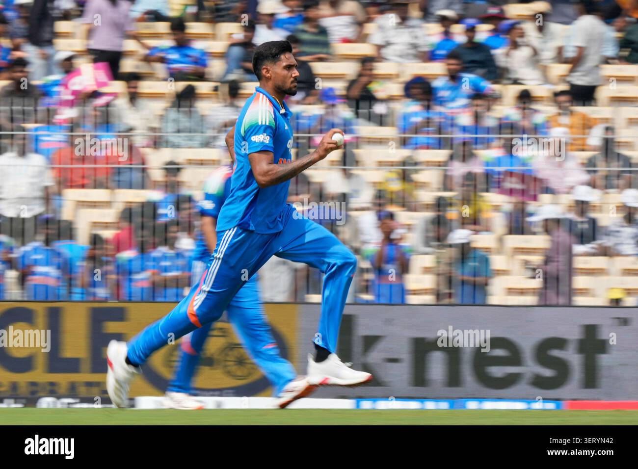 India's Gurnoor Brar bowls a delivery during the third ODI cricket ...