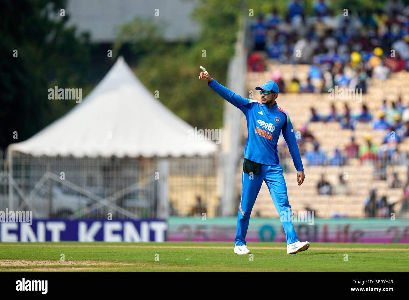 India's captain Shubman Gill sets the field during the third ODI ...